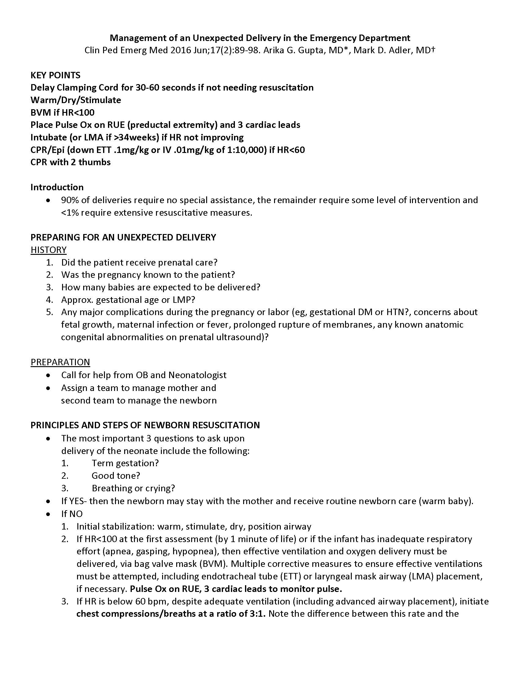 Management of an Unexpected Delivery in the Emergency Department ...